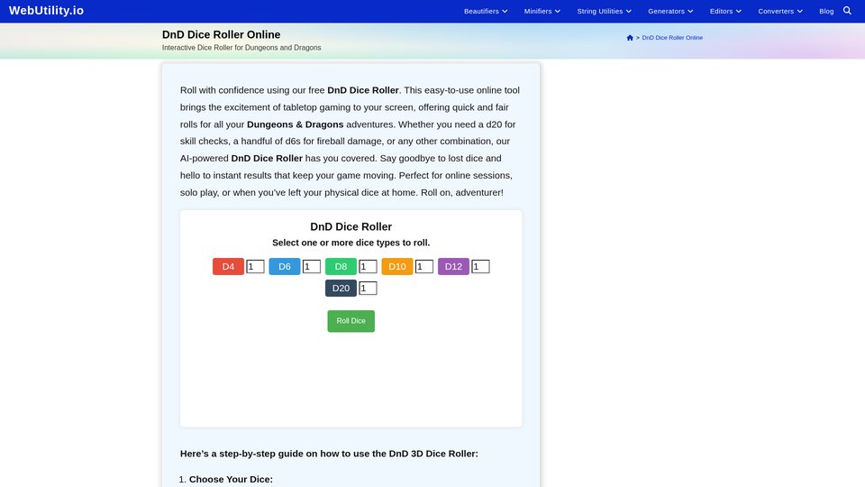 DnD Dice Roller: Quick 3D Rolls for RPG Adventures