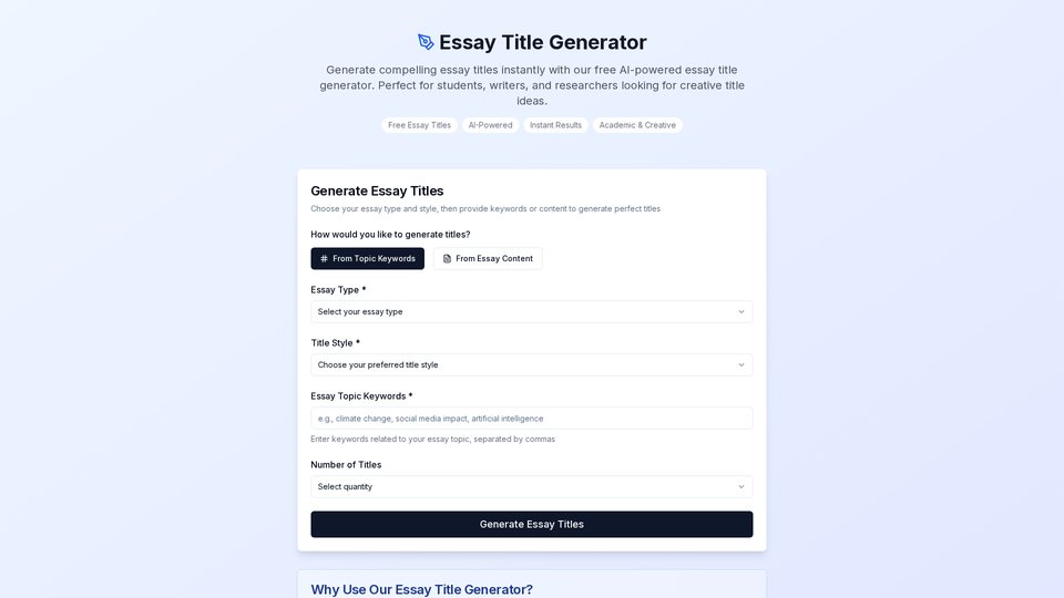 Essay Title Generator - Free AI-Powered Academic Title Creator