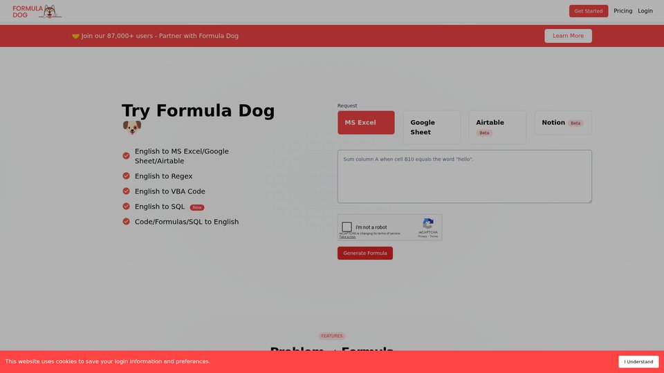 Générez des formules Excel et plus encore en utilisant l'IA | Formula Dog