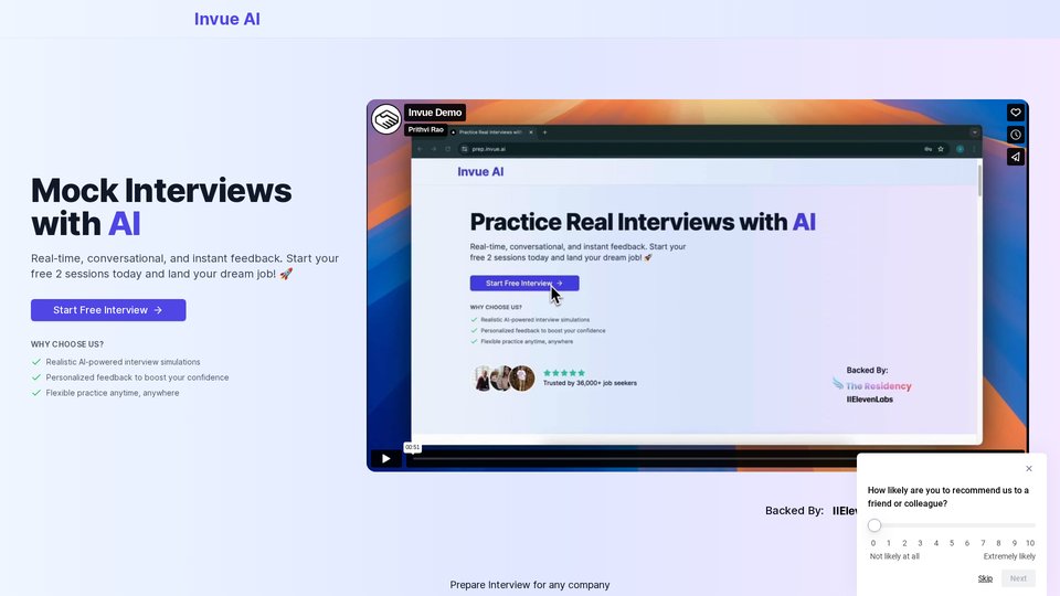 Invue AI: Domina tu entrevista de trabajo con simulacros de entrevista de IA