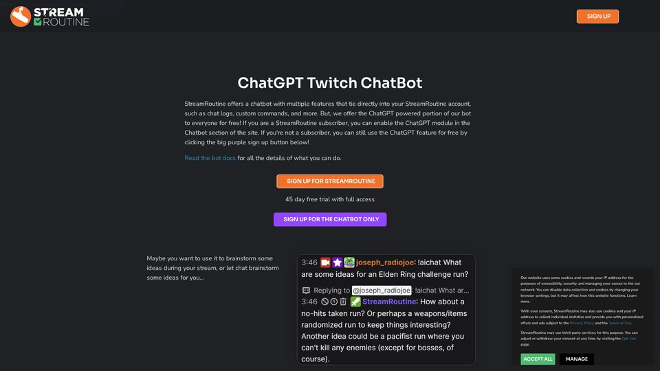 ChatGPT Twitch ChatBot gratuit pour les streamers - StreamRoutine