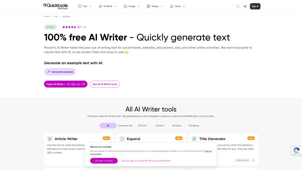 AI Writer - Free AI Text Generator by Quicktools | Picsart