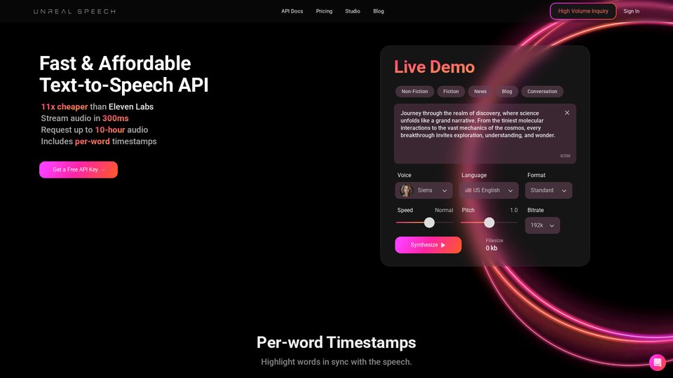 Unreal Speech: API de texto a voz rápido y asequible